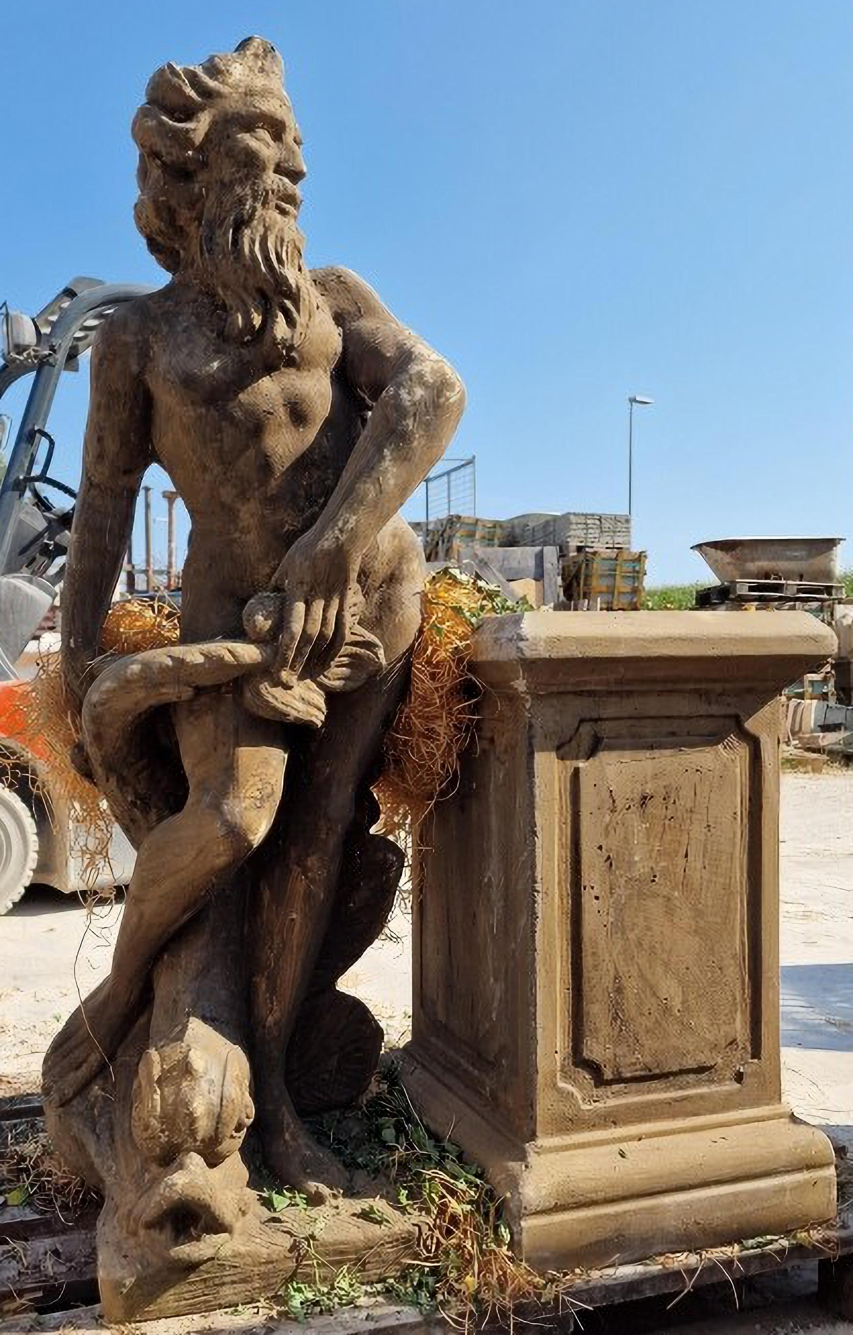 CONCRETE TRITON WITH DOLPHIN - 20th century GARDEN STATUE with Base For ...