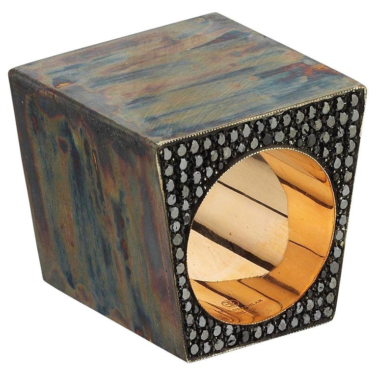 Customizable Cone Cube 8k Gold and Oxidised Silver Ring with Pave Black ...