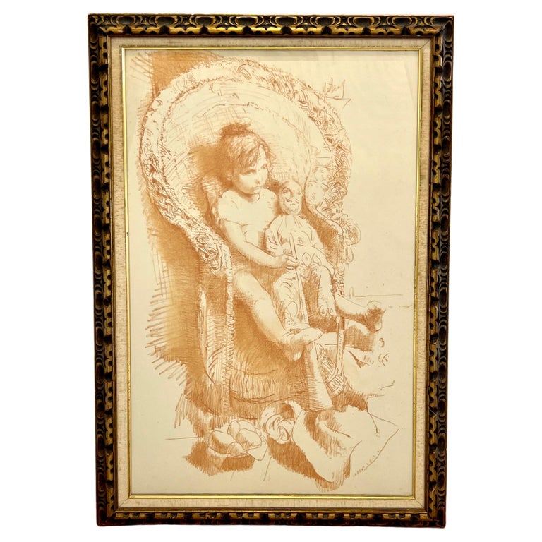 Conger Metcalf Conte Crayon on Paper Framed Painting, Portrait of Girl ...