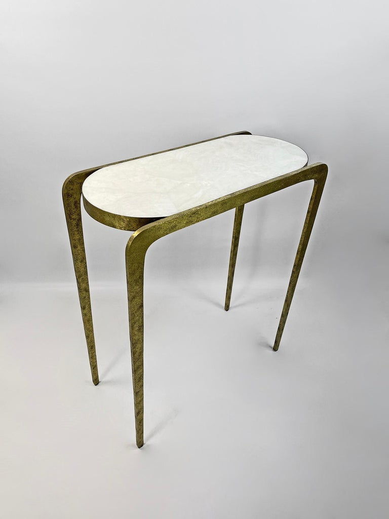Console in Hammered Brass with Rock Crystal Top by Ginger Brown For ...