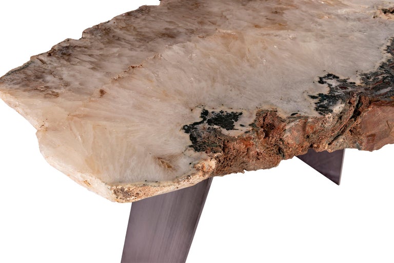 Rectangular Console Table, Natural Brazilian Quartz with Metal Base For ...