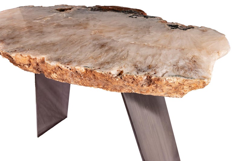 Rectangular Console Table, Natural Brazilian Quartz with Metal Base For ...