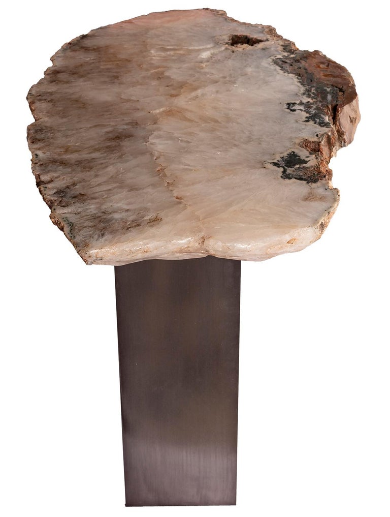 Rectangular Console Table, Natural Brazilian Quartz with Metal Base For ...