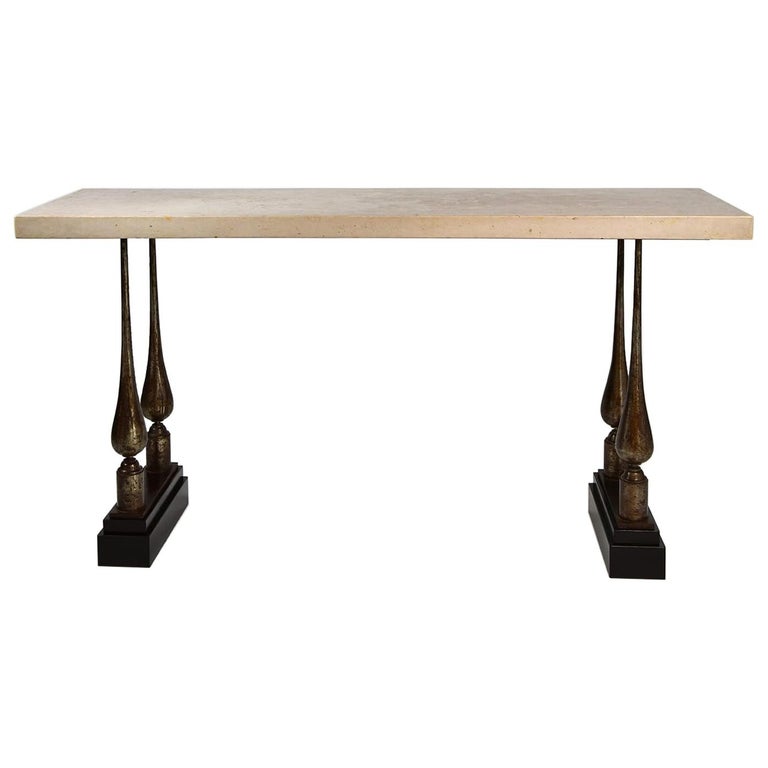 Console Table in Bronze, Travertine and Wood For Sale at 1stDibs