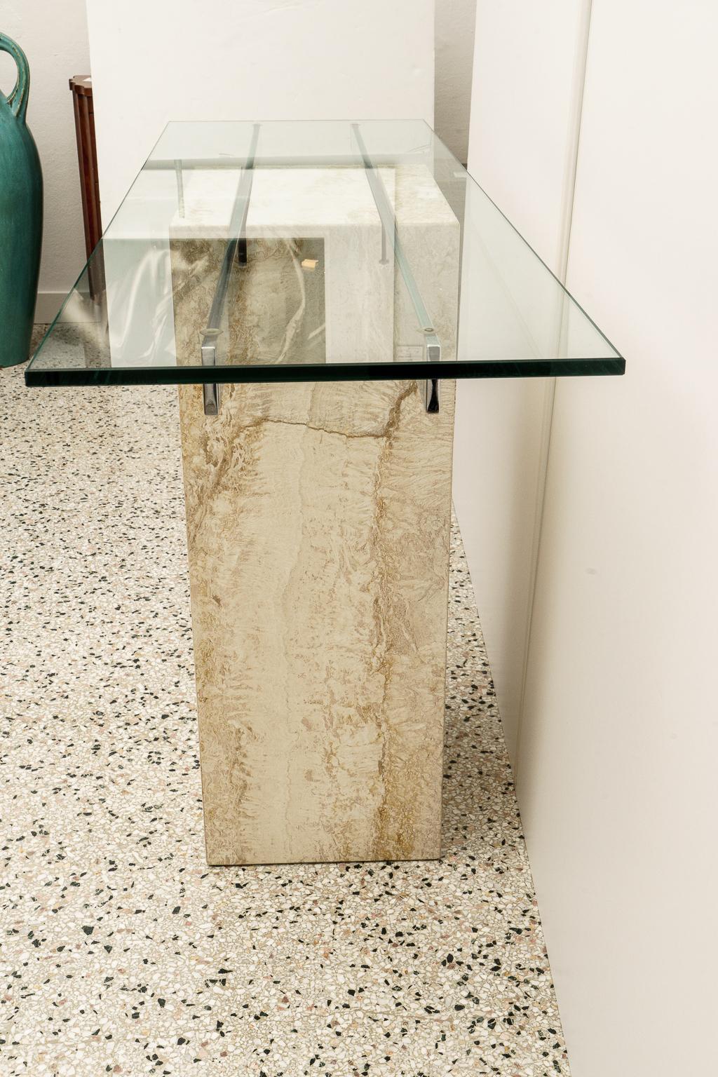 Console Table Travertine, Glass and Chrome at 1stDibs