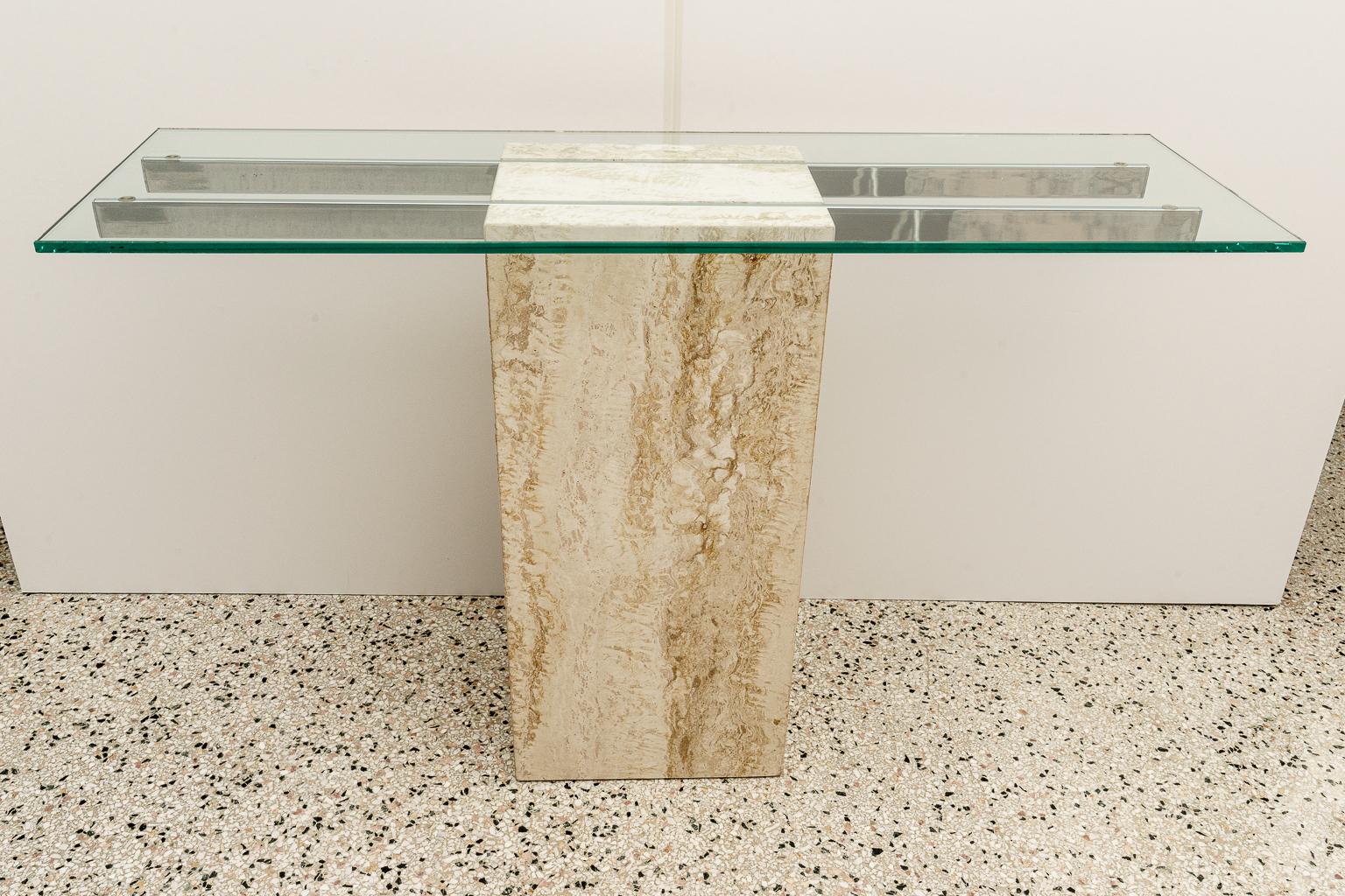 Console Table Travertine, Glass and Chrome at 1stDibs