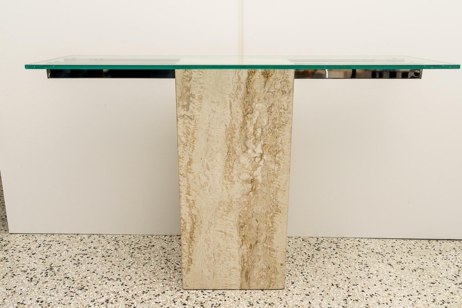Console Table Travertine, Glass and Chrome at 1stDibs