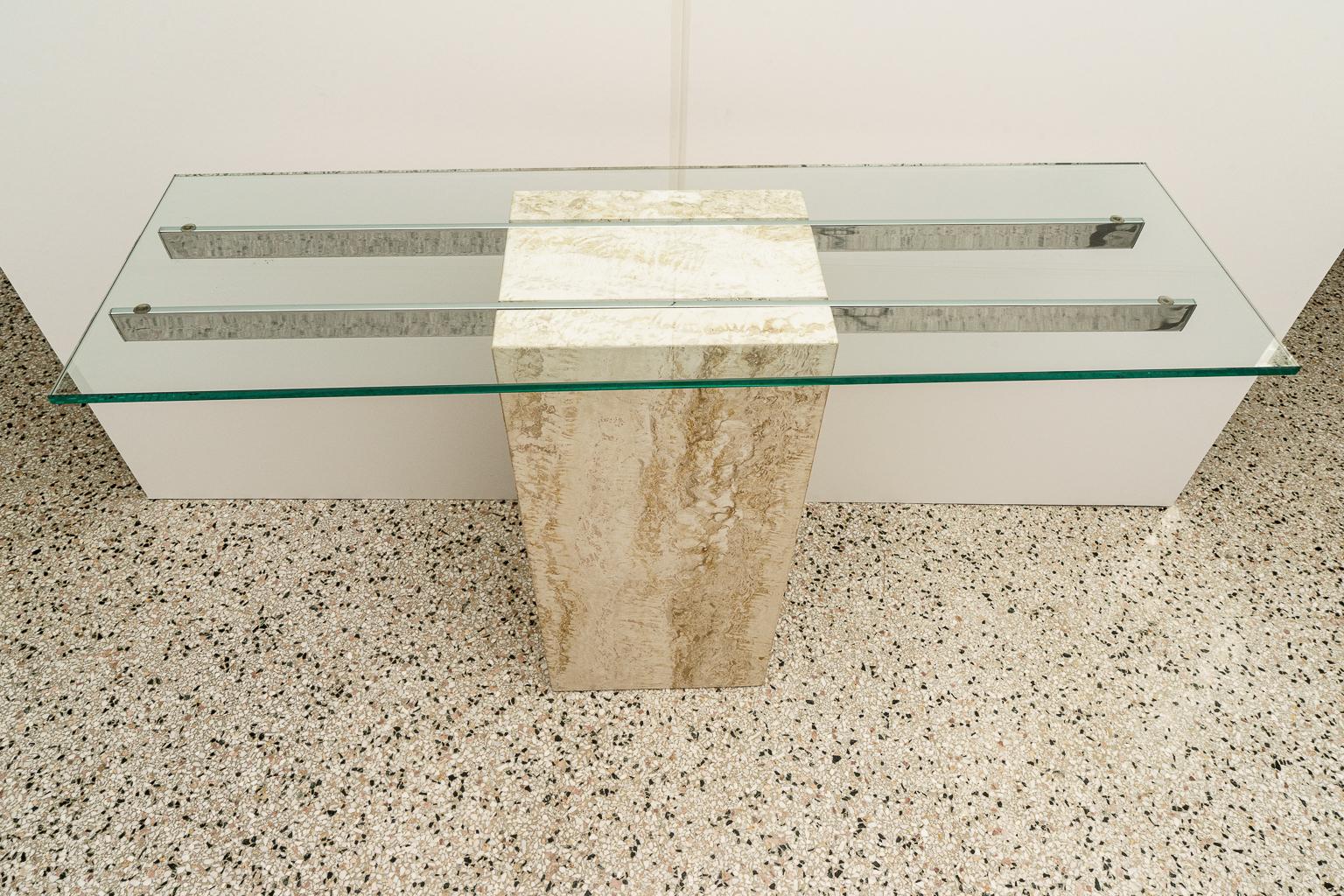 Console Table Travertine, Glass and Chrome at 1stDibs