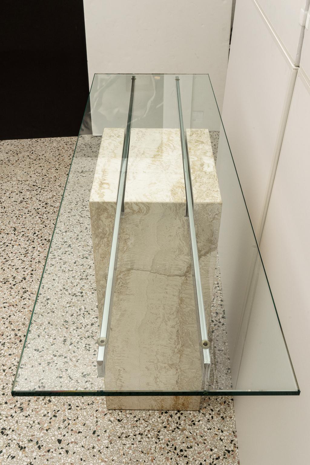 Console Table Travertine, Glass and Chrome at 1stDibs