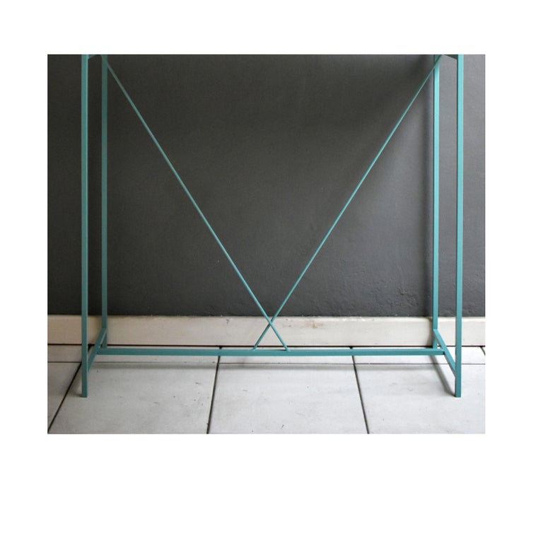 Console 'Tekno', Light-Blue Iron Structure and Wood Top For Sale at 1stDibs