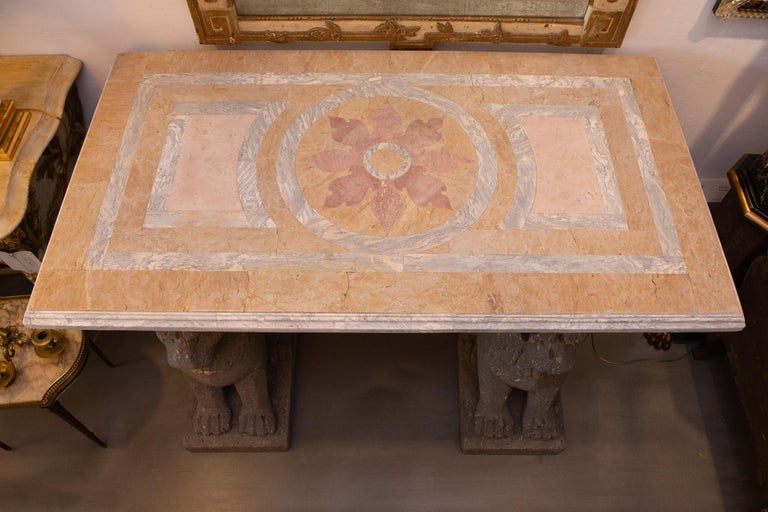 Console with Inlaid Marble Top on Cast Stone Supports For Sale at 1stDibs