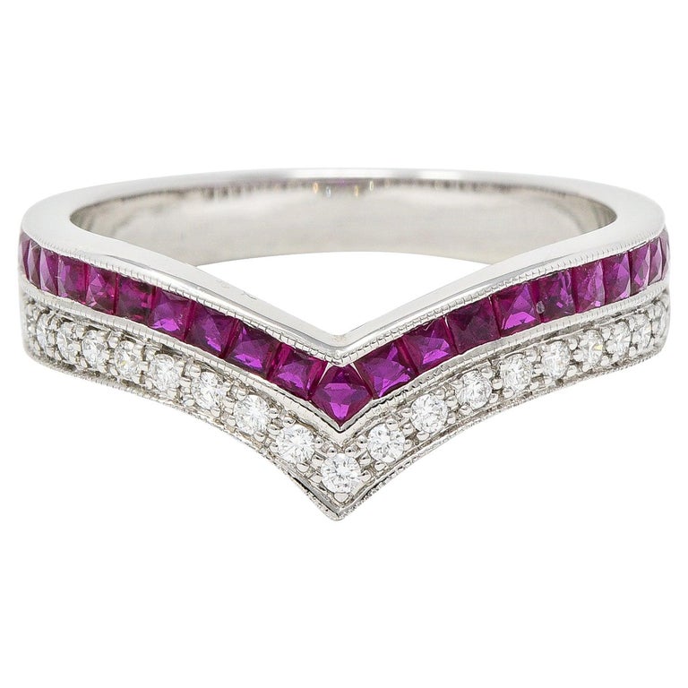 Contemporary 0.69 Carat Ruby Diamond 14 Karat White Gold Chevron Band ...