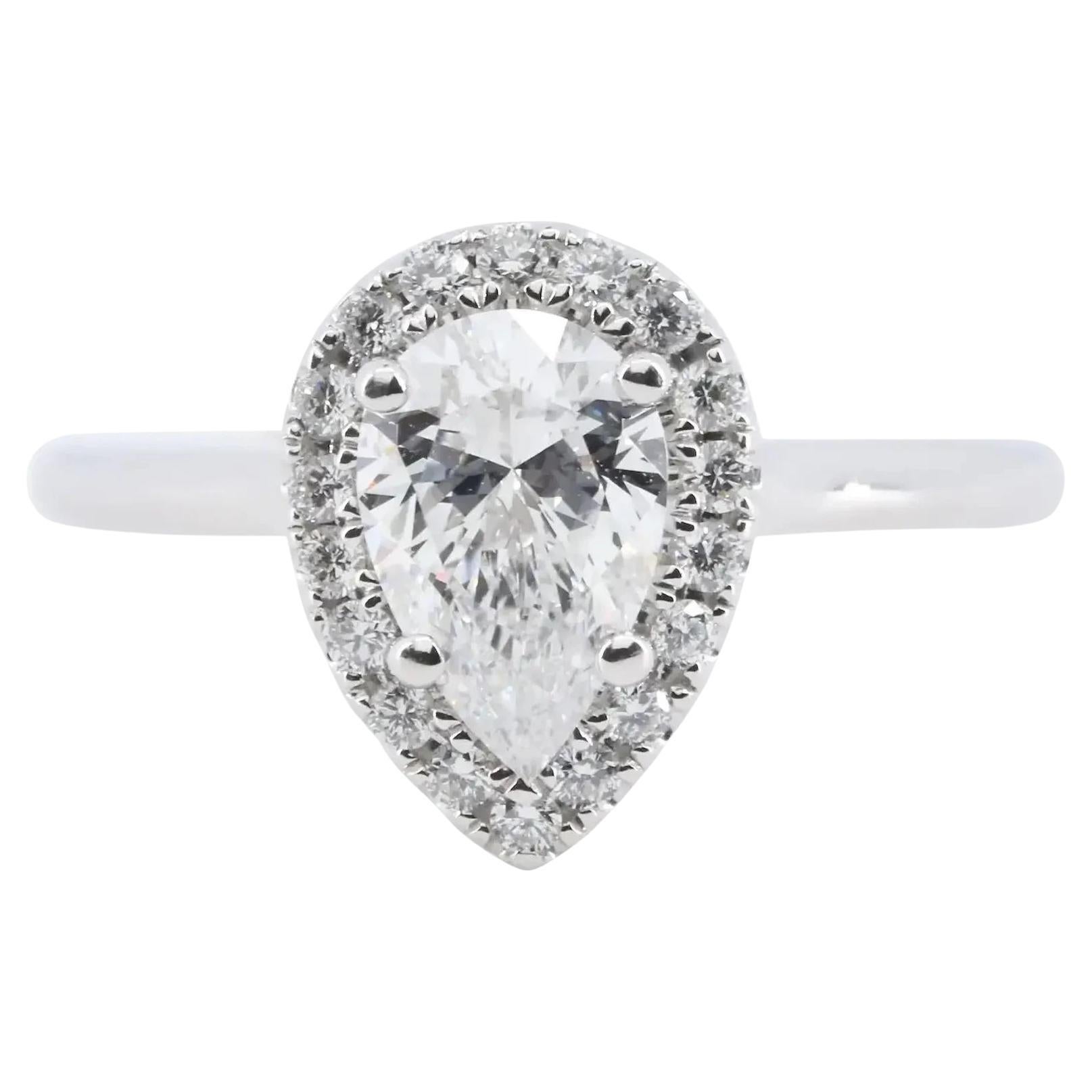 Contemporary 1.09ctw Pear Shaped Diamond Halo Engagement Ring For Sale ...