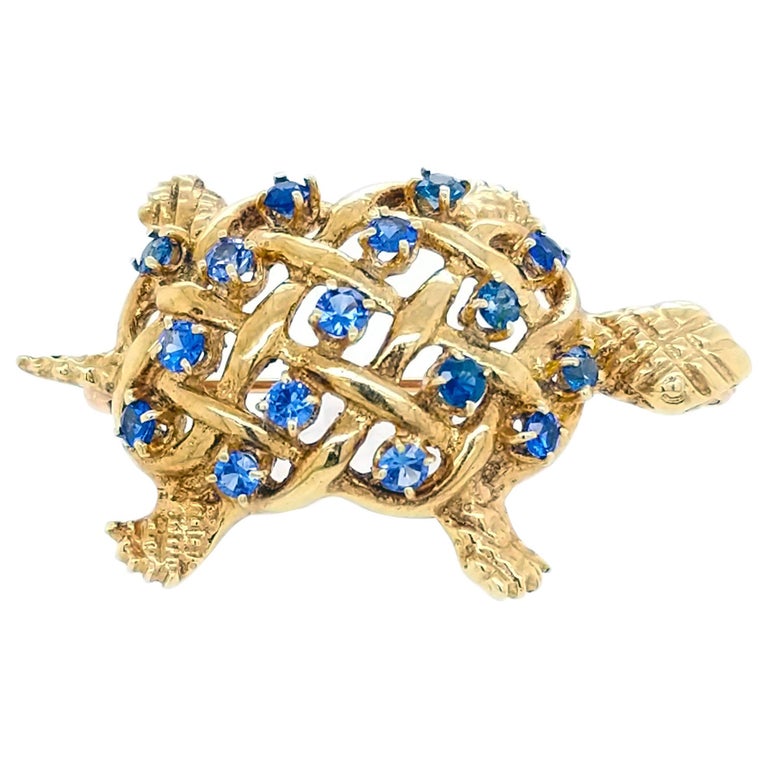 Contemporary 14 Karat Gold and Sapphire Turtle Pin at 1stDibs