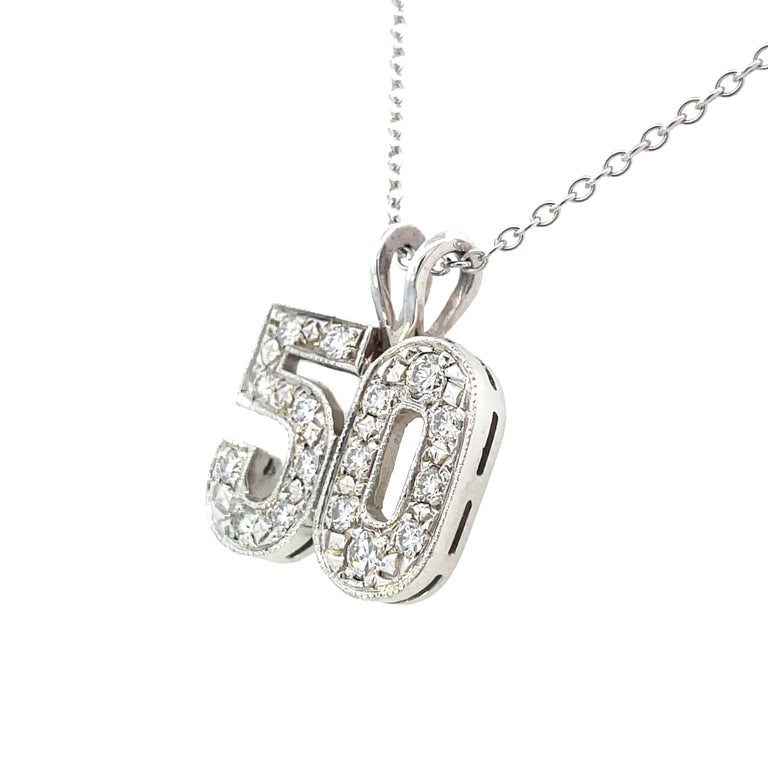 Contemporary 14K White Gold Diamond "50" Pendant For Sale at 1stDibs