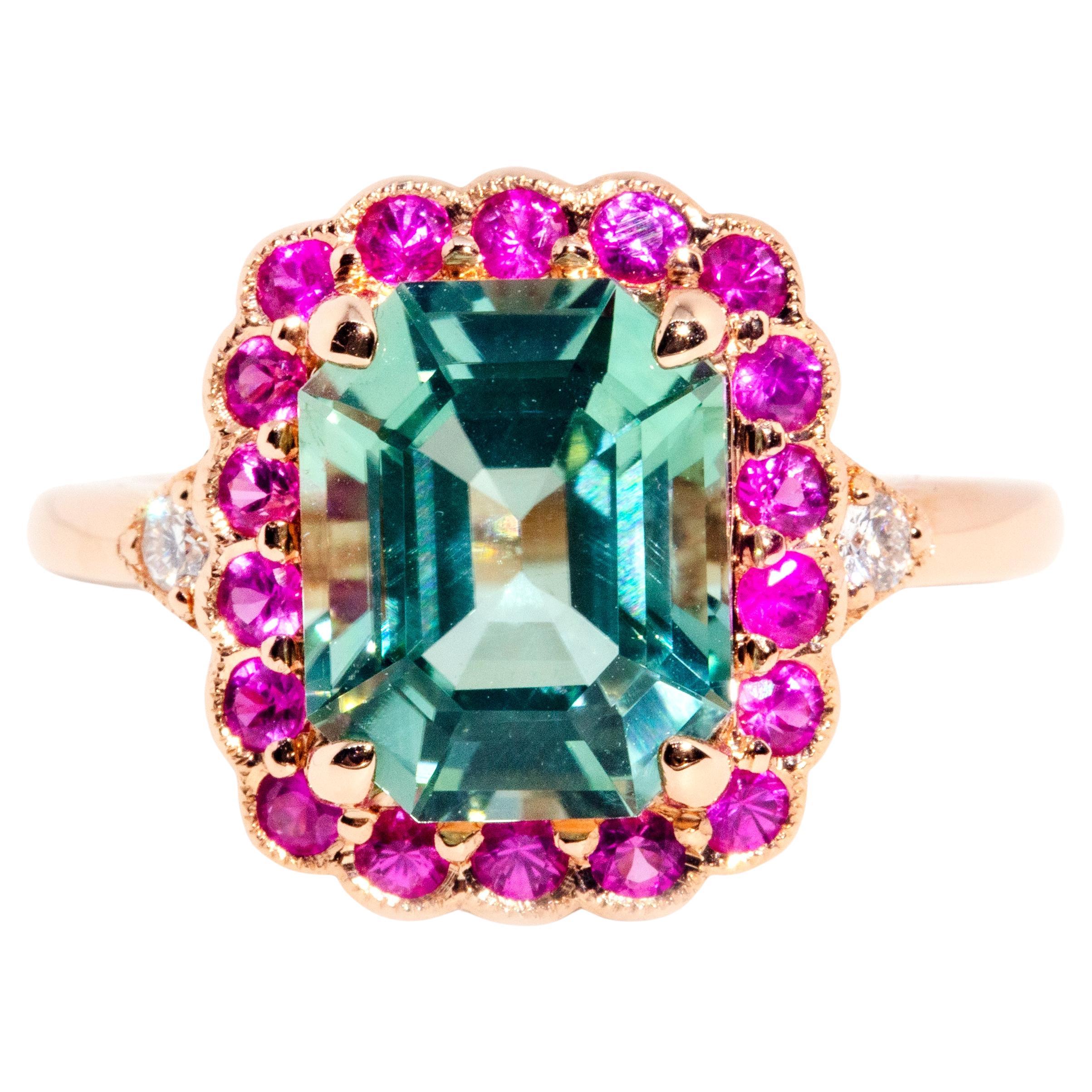 Contemporary 18 Carat Yellow Gold Tourmaline Sapphire and Diamond Halo ...
