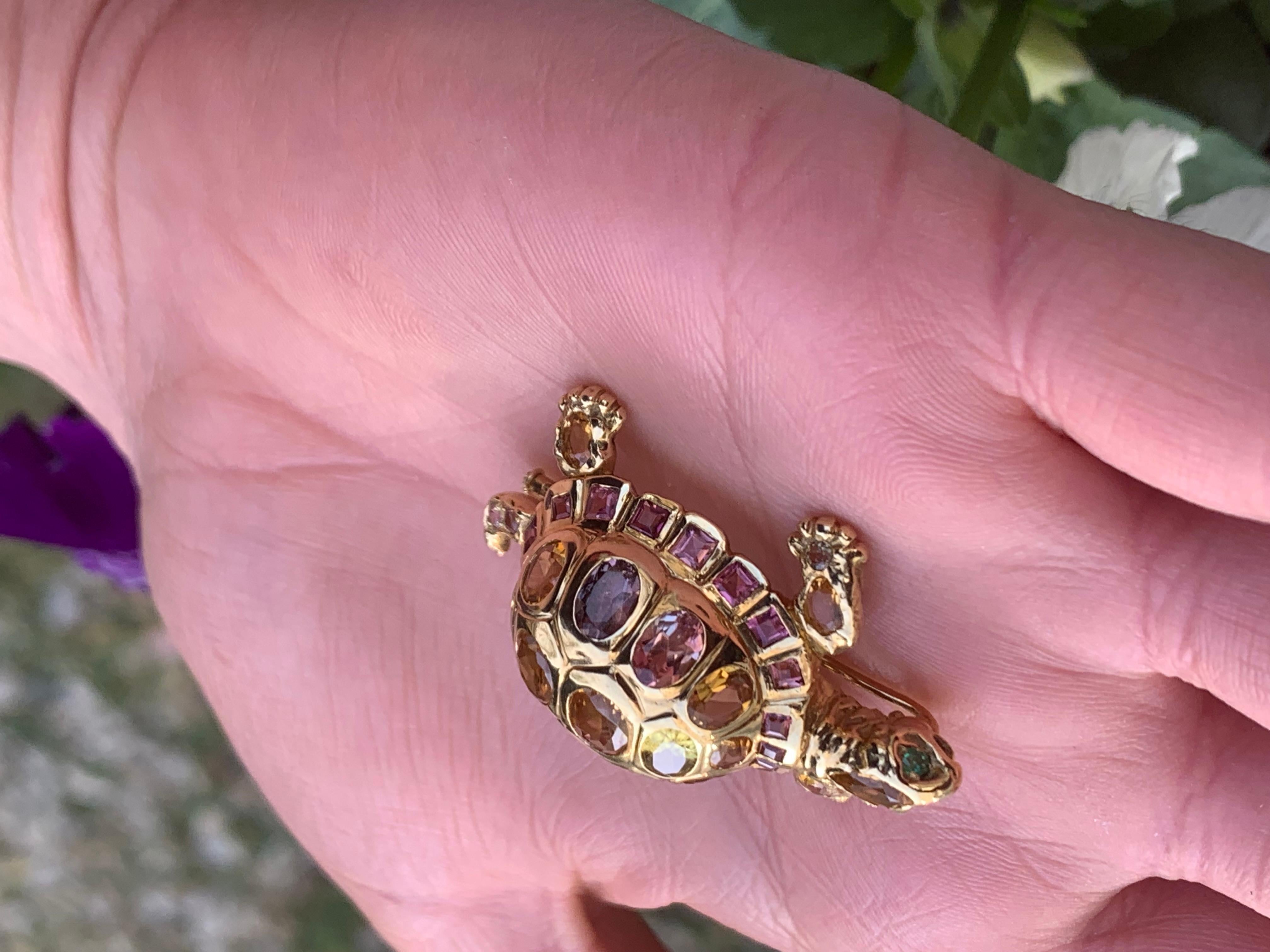 Contemporary 18K Gold Turtle Tortoise Reptile Tourmaline Brooch Pendant ...