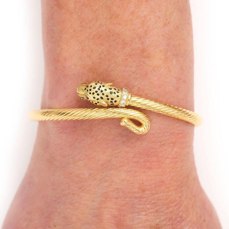 Contemporary 18ct Gold Diamond, Ruby and Enamel Leopard Head Bangle at ...