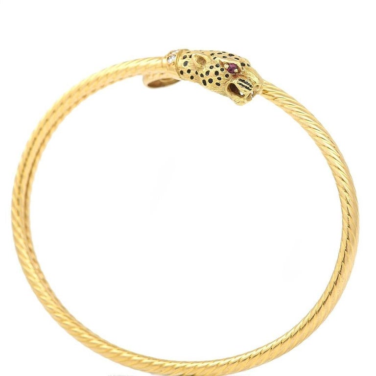 Contemporary 18ct Gold Diamond, Ruby and Enamel Leopard Head Bangle at ...