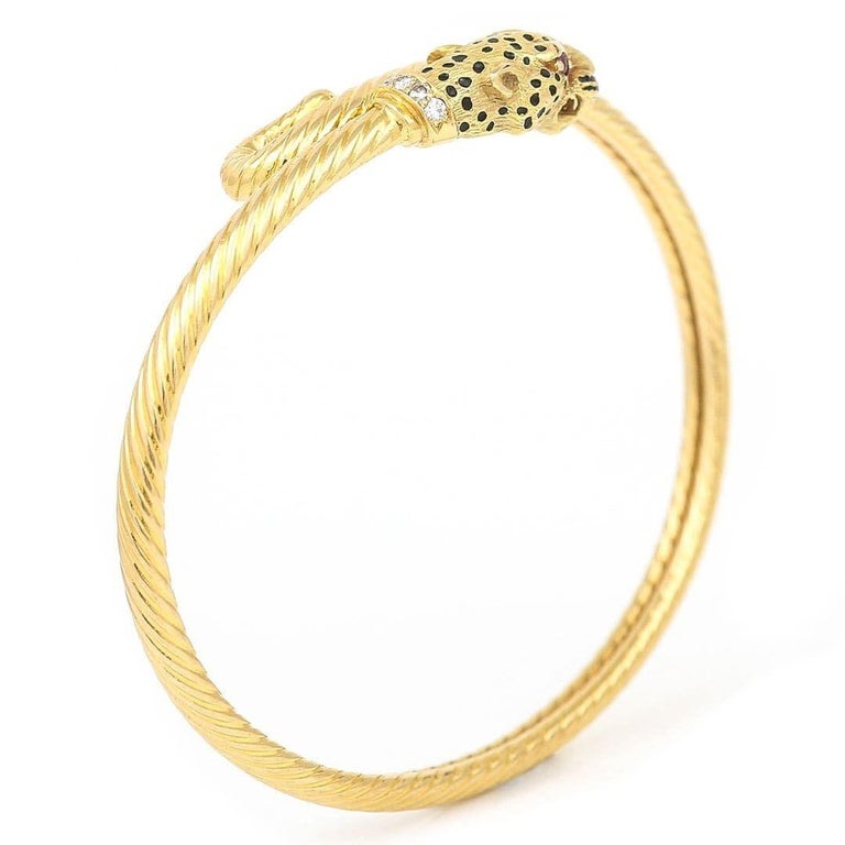 Contemporary 18ct Gold Diamond, Ruby and Enamel Leopard Head Bangle at ...