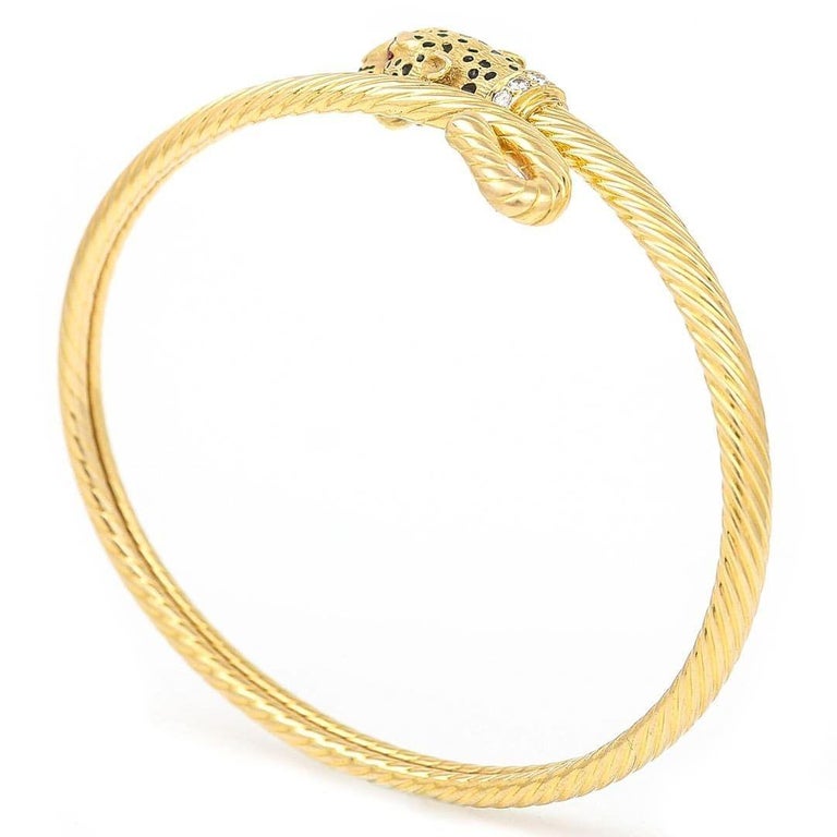 Contemporary 18ct Gold Diamond, Ruby and Enamel Leopard Head Bangle at ...