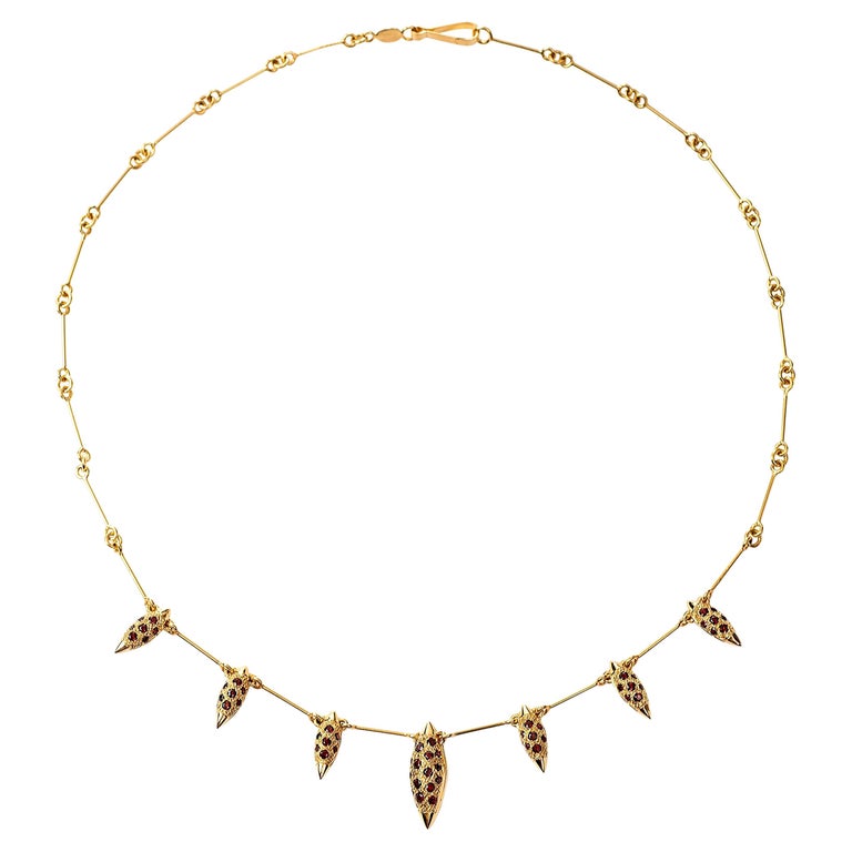 Contemporary 18k Yellow Gold and Red Garnet, Handcrafted Grain Chain ...