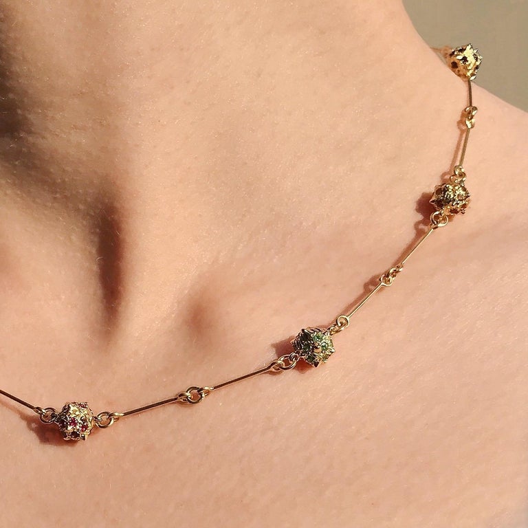 Contemporary 18K Yellow Gold, Sphere Chain Necklace with Multicoloured ...
