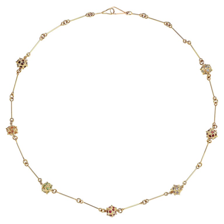 Contemporary 18K Yellow Gold, Sphere Chain Necklace with Multicoloured ...