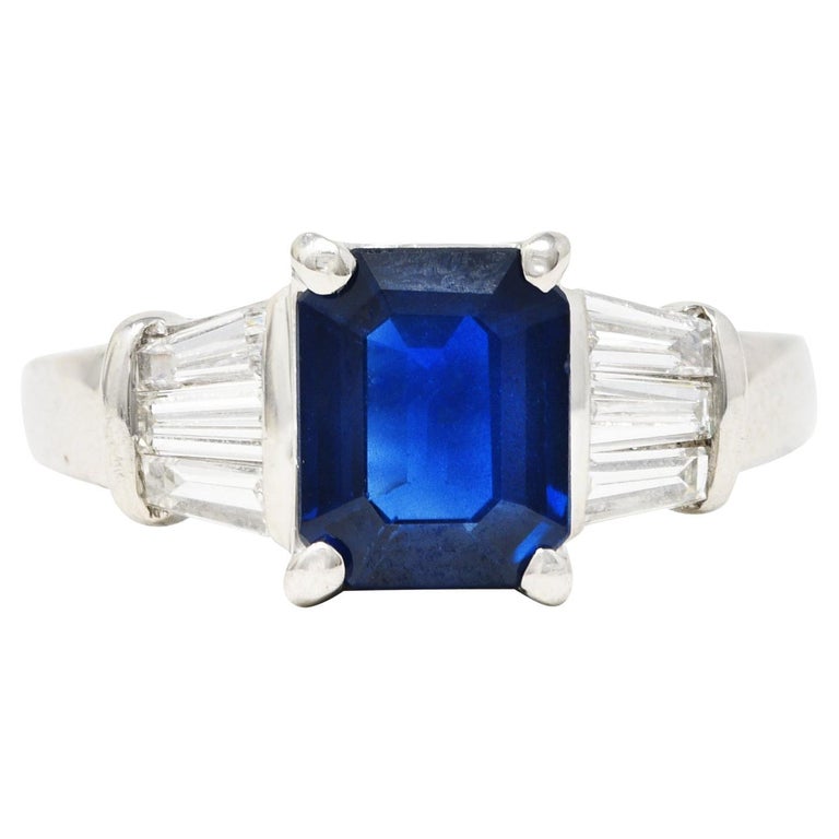 Contemporary 2.43 Carats Emerald Cut Sapphire Diamond Platinum Gemstone ...