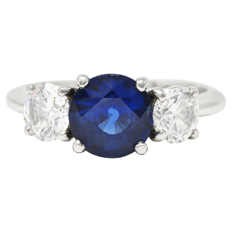 Contemporary 2.92 Carats Sapphire Diamond Platinum Three Stone Ring For ...