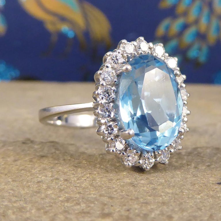 Contemporary 3.60 Carat Blue Topaz and Diamond Cluster Ring in 18 Carat ...