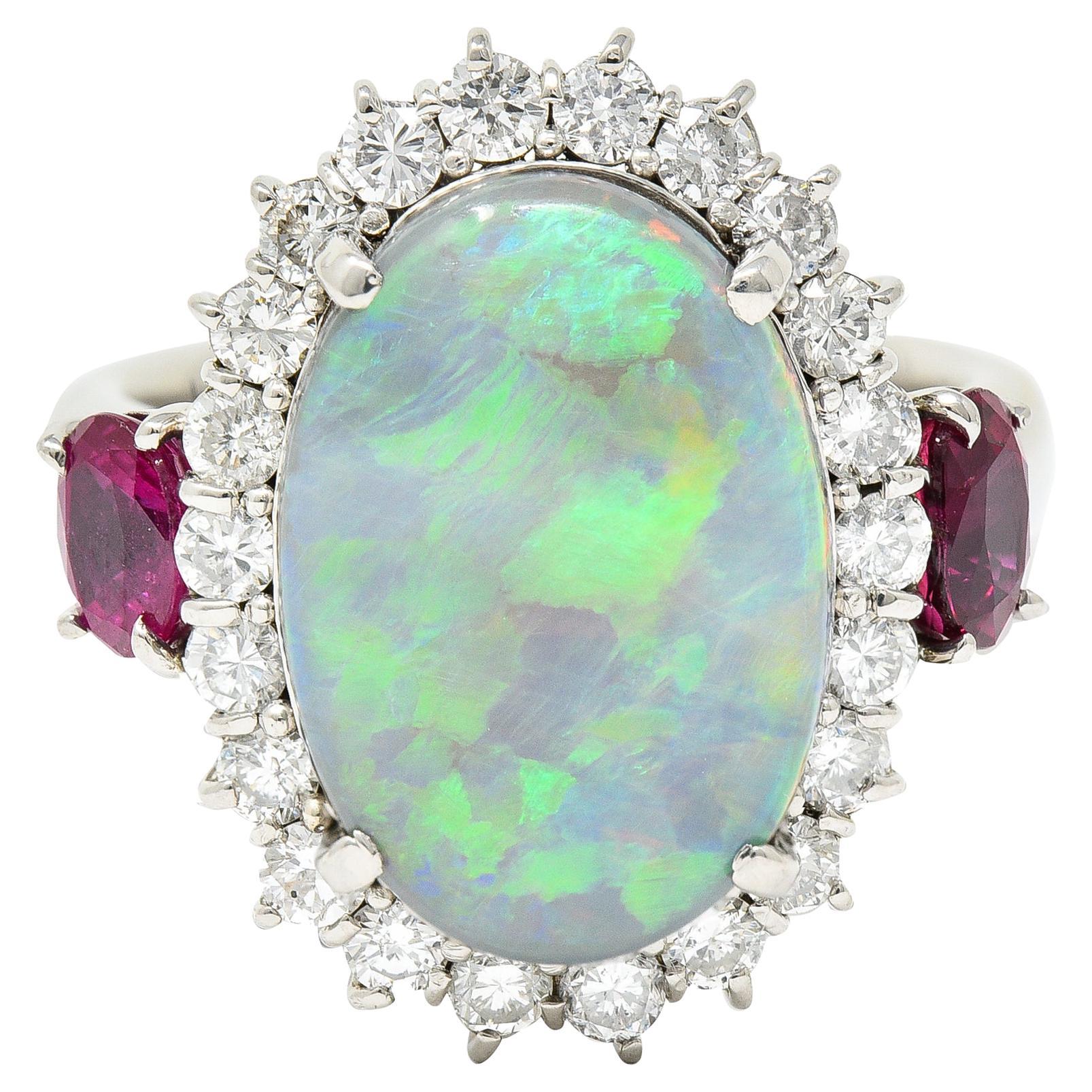 Contemporary 6.74 Carat Opal Diamond Ruby Platinum Halo Cluster Ring ...