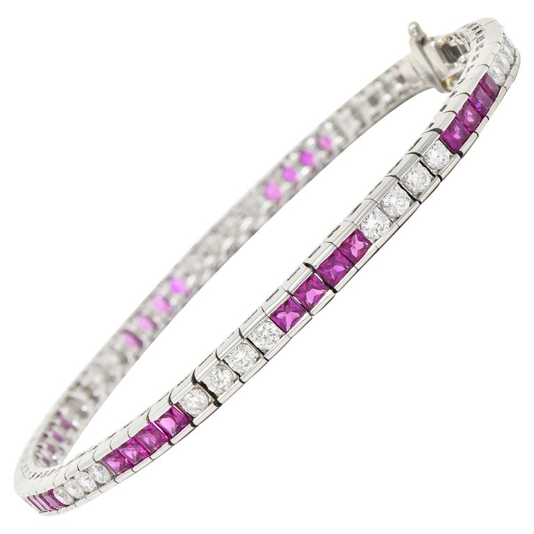 Contemporary 6.90 Carats Square Cut Ruby Diamond Platinum Channel Set ...