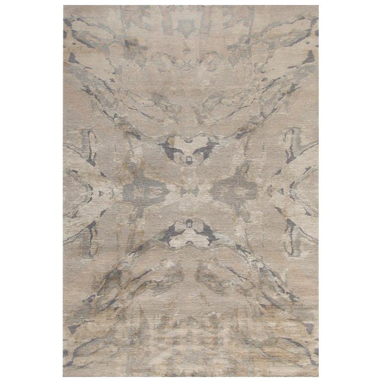 Contemporary Abstract Area Rug in Beige Gray, Handmade of Silk, Wool ...