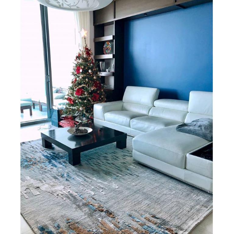 Contemporary Abstract Rug in Blues Brown Grey, Handmade of Silk and ...