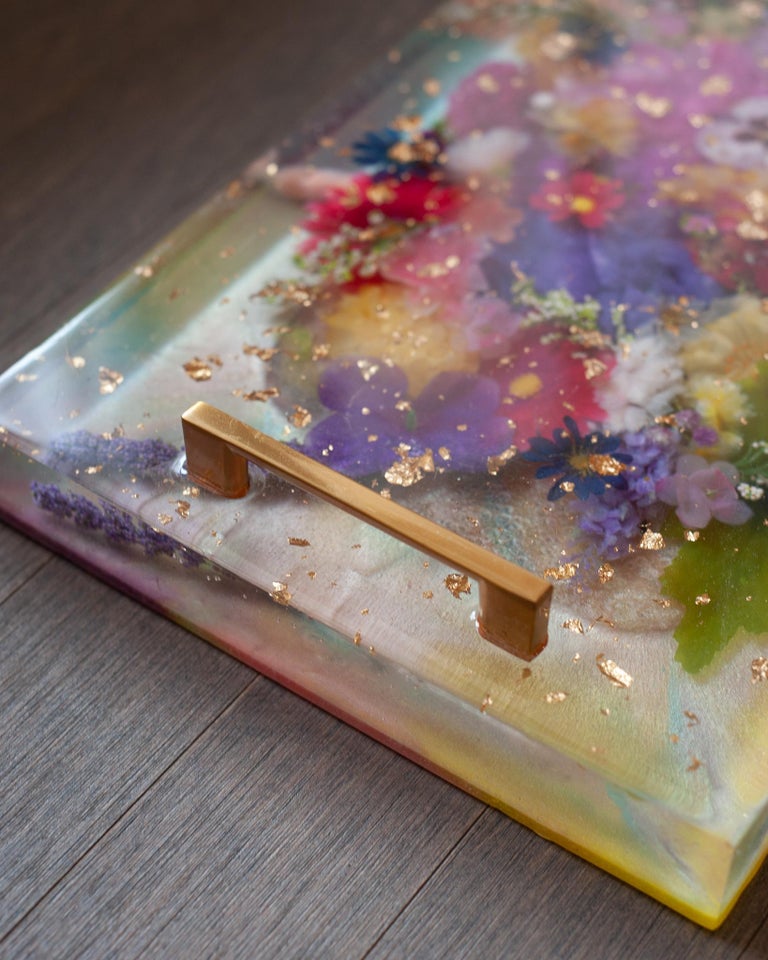 Contemporary Acrylic Serving Tray with Silk Flowers, Gold Leaf, and ...