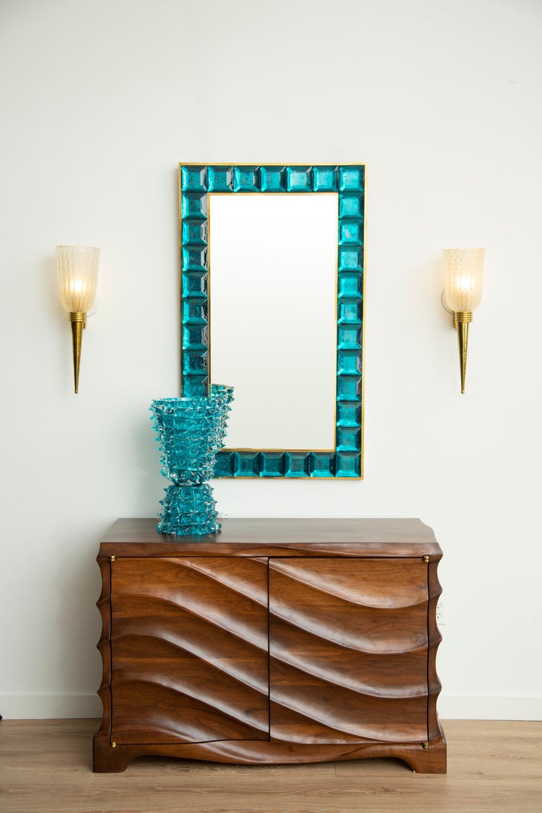 Contemporary Aqua Marine Diamond Murano Glass Mirror In Stock For Sale