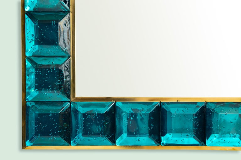 Contemporary Aqua Marine Diamond Murano Glass Mirror In Stock For Sale