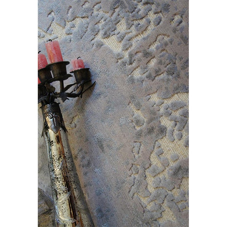 Contemporary Area Rug in Ivory, Handmade of Silk - Wool, "Reef" For ...