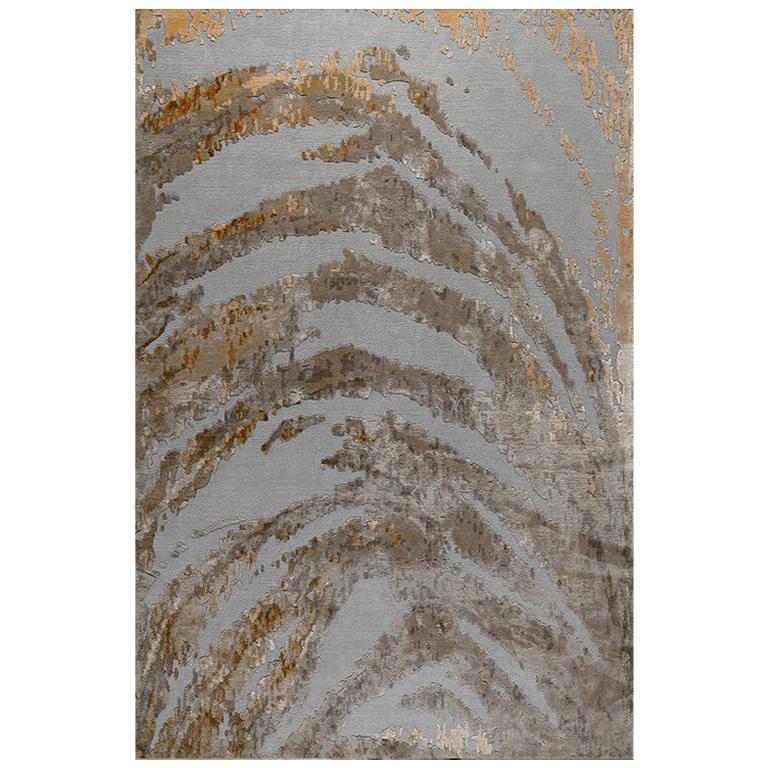 Contemporary Area Rug in Teal Brown, Handmade of Silk-Wool, "Cascade ...