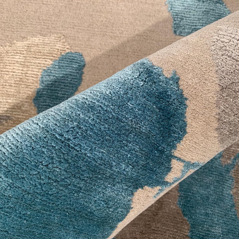 Contemporary Area Rug in Turquoise Taupe, Handmade of Silk, Wool ...