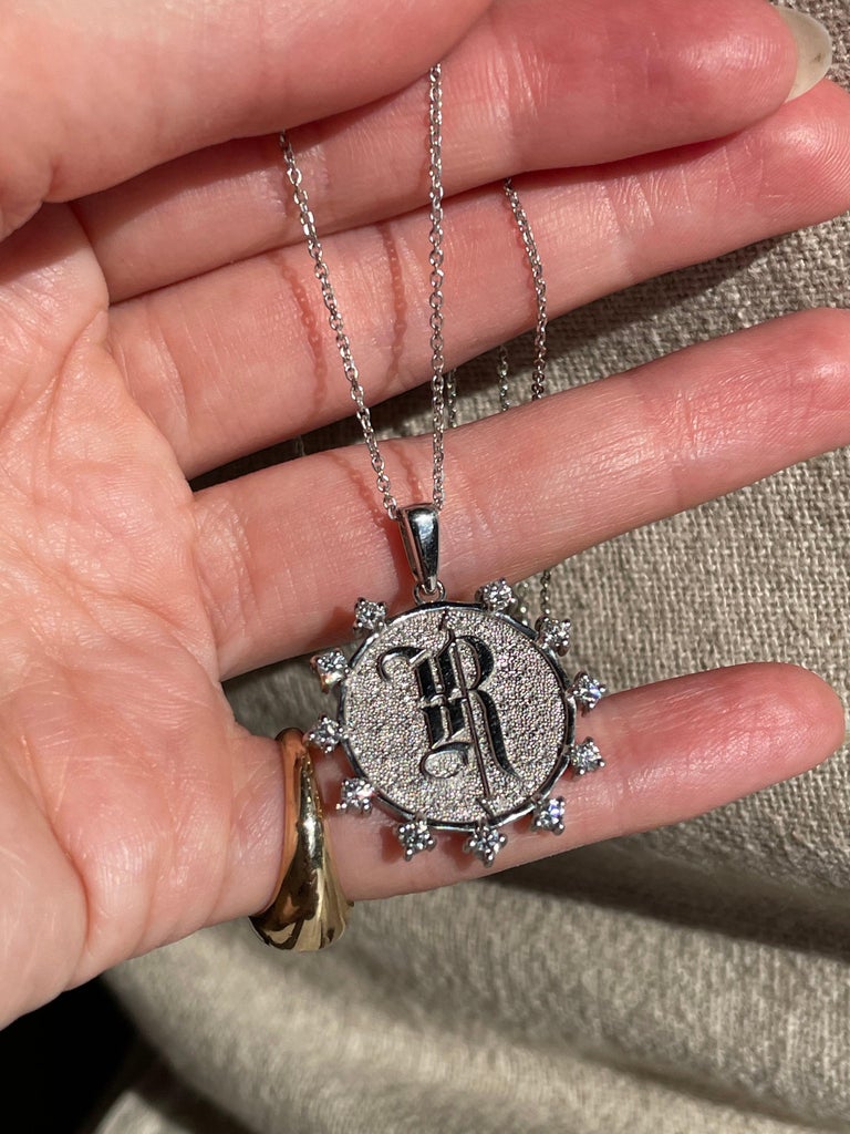 Contemporary Art Deco Gothic Diamond 14k White Gold Initial Pendant ...