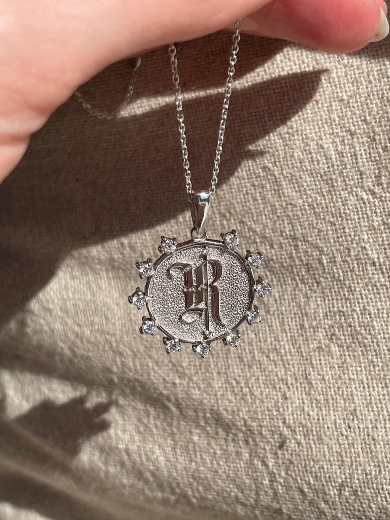 Contemporary Art Deco Gothic Diamond 14k White Gold Initial Pendant Medallion For Sale at 1stDibs