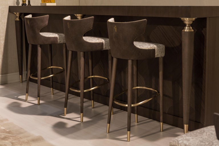 Contemporary Bar Stool Customizable, Wood Frame and Brass Details, Made ...