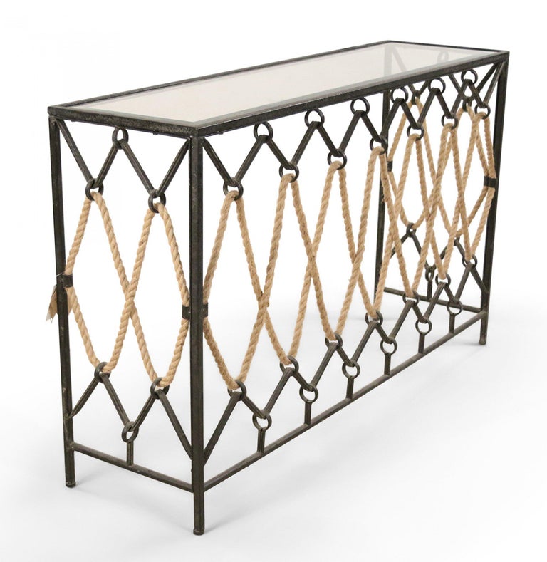 Contemporary Black Metal and Rope Glass Top Console Table For Sale at ...