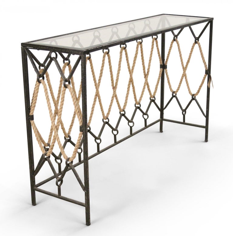 Contemporary Black Metal and Rope Glass Top Console Table For Sale at ...