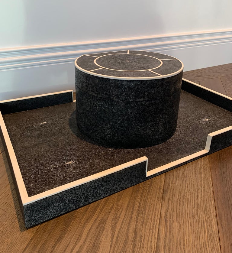 Contemporary, Black Shagreen Stingray Trinket Box w Tray, Polished Bone ...
