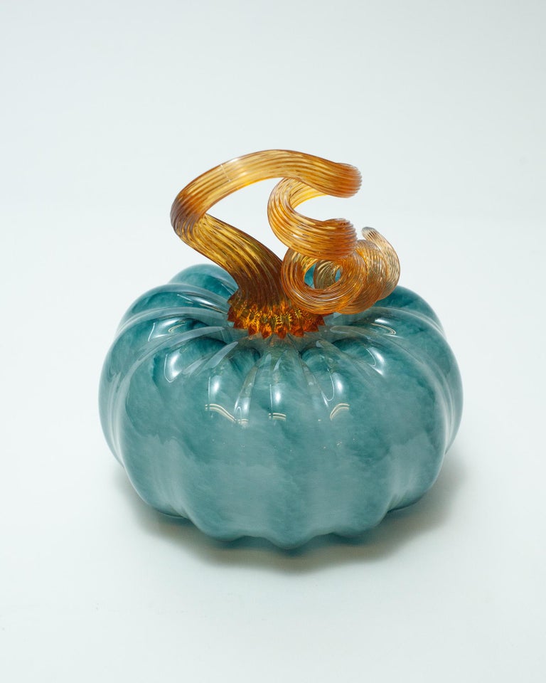 Contemporary Blue and Multicolour Medium Blown Glass Pumpkin Sculpture ...