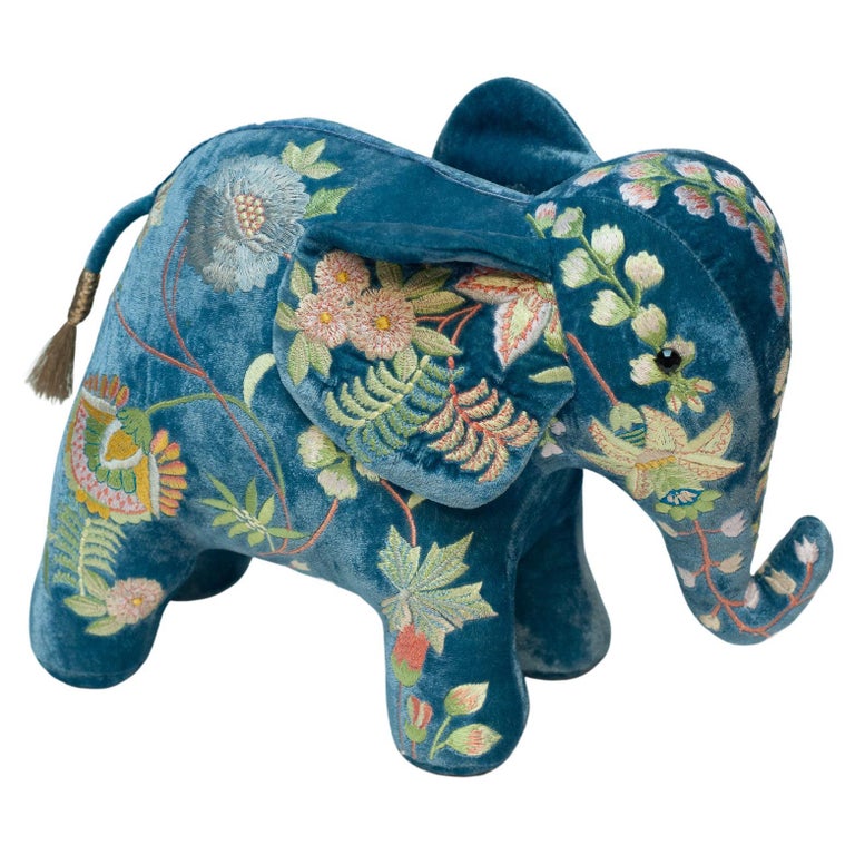 Contemporary Blue Embroidered Silk Velvet Elephant at 1stDibs