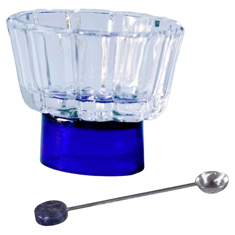 Contemporary Blue Glass Blown Salt Cellar and spoon Handcrafted ...